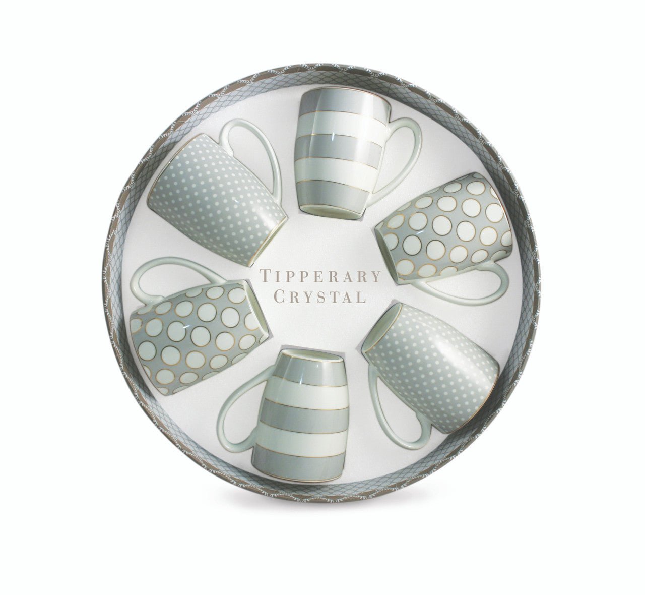 TIPPERARY CRYSTAL Set 6 Bone China Mugs - Spots & Stripes - Grey